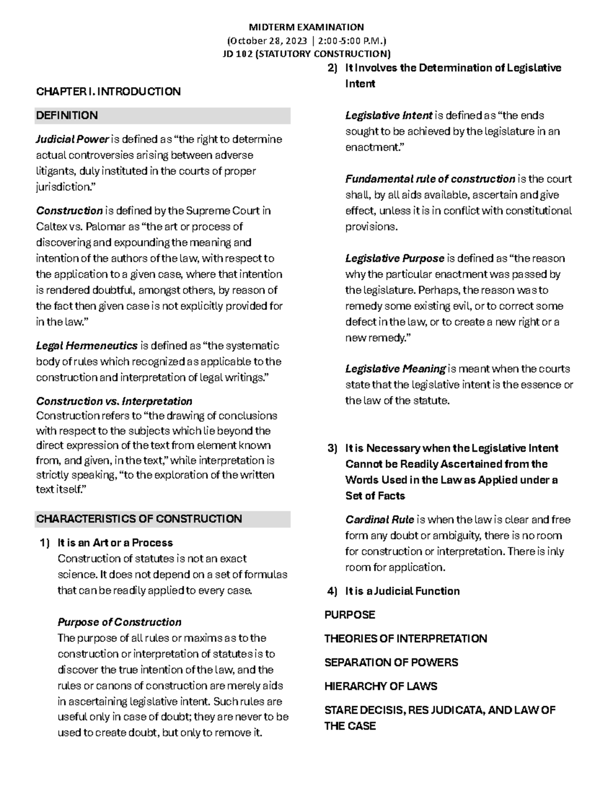 Statutory Construction by Pilares (NOTES) - MIDTERM EXAMINATION ...