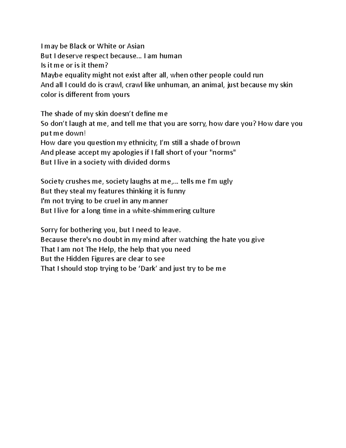 Spoken poetry - I may be Black or White or Asian But I deserve respect ...