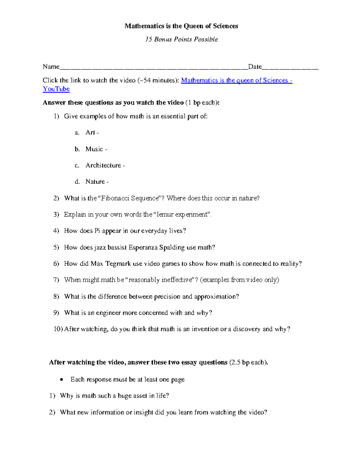 Bonus Points - Mathematics is the Queen of Sciences - Mathematics is ...