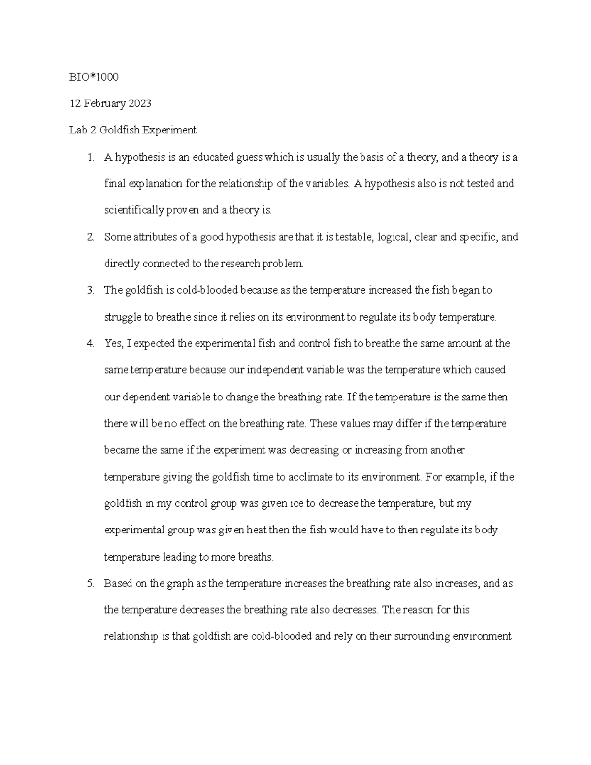 Lab 2 Goldfish Experiment Post Questions 1-6 - BIO* 12 February 2023 ...