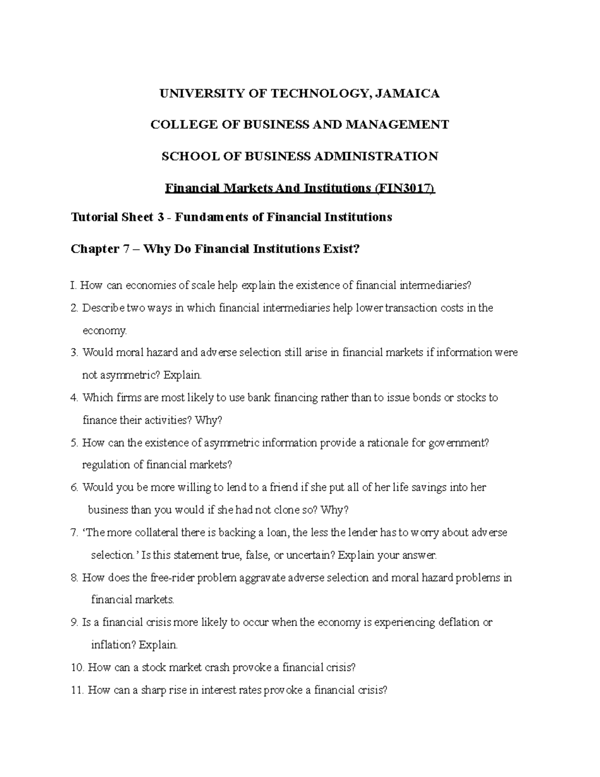 Tutorial Sheet 3 - yup - UNIVERSITY OF TECHNOLOGY, JAMAICA COLLEGE OF ...