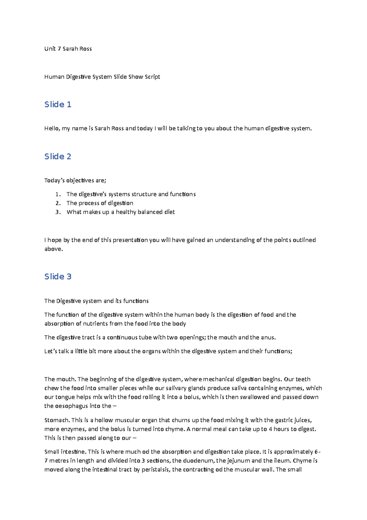 Unit 7 The Human Digestive System - Unit 7 Sarah Ross Human Digestive ...