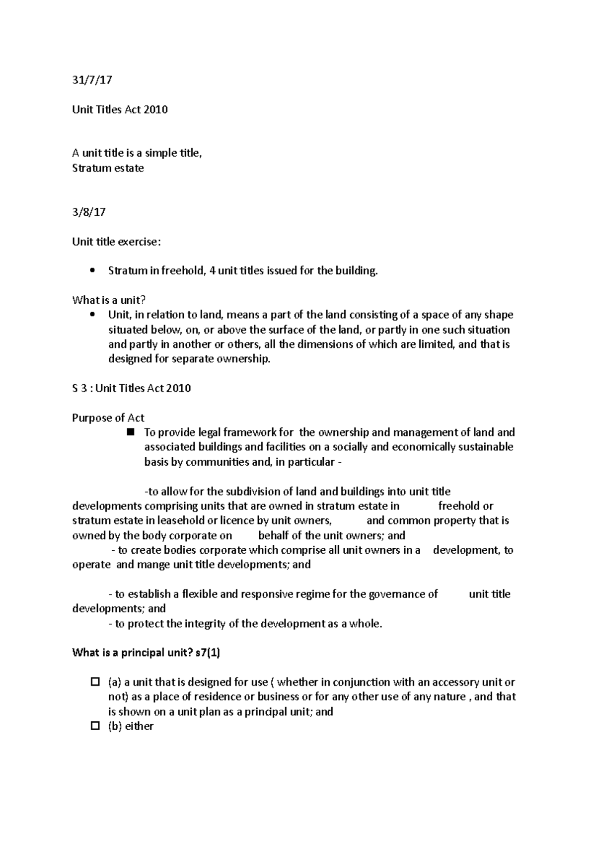 Unit titles - Land law notes from 2017 - 31/7/ Unit Titles Act 2010 A ...