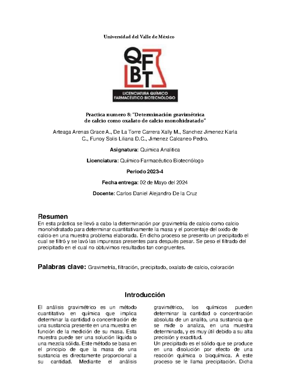 Reporte p8 - practica - Universidad del Valle de México Practica numero 8: “Determinación - Studocu