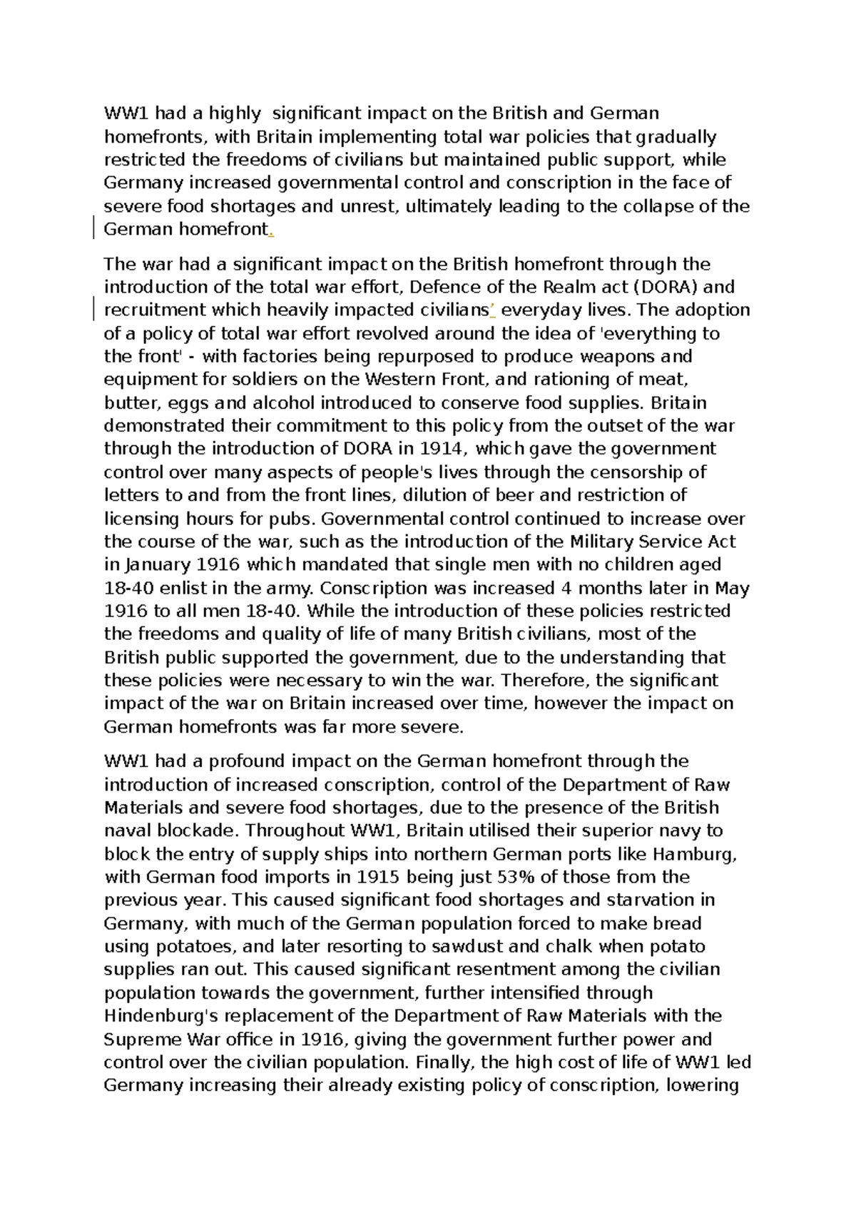 Nik Mini Essay Homefronts - WW1 had a highly significant impact on the ...