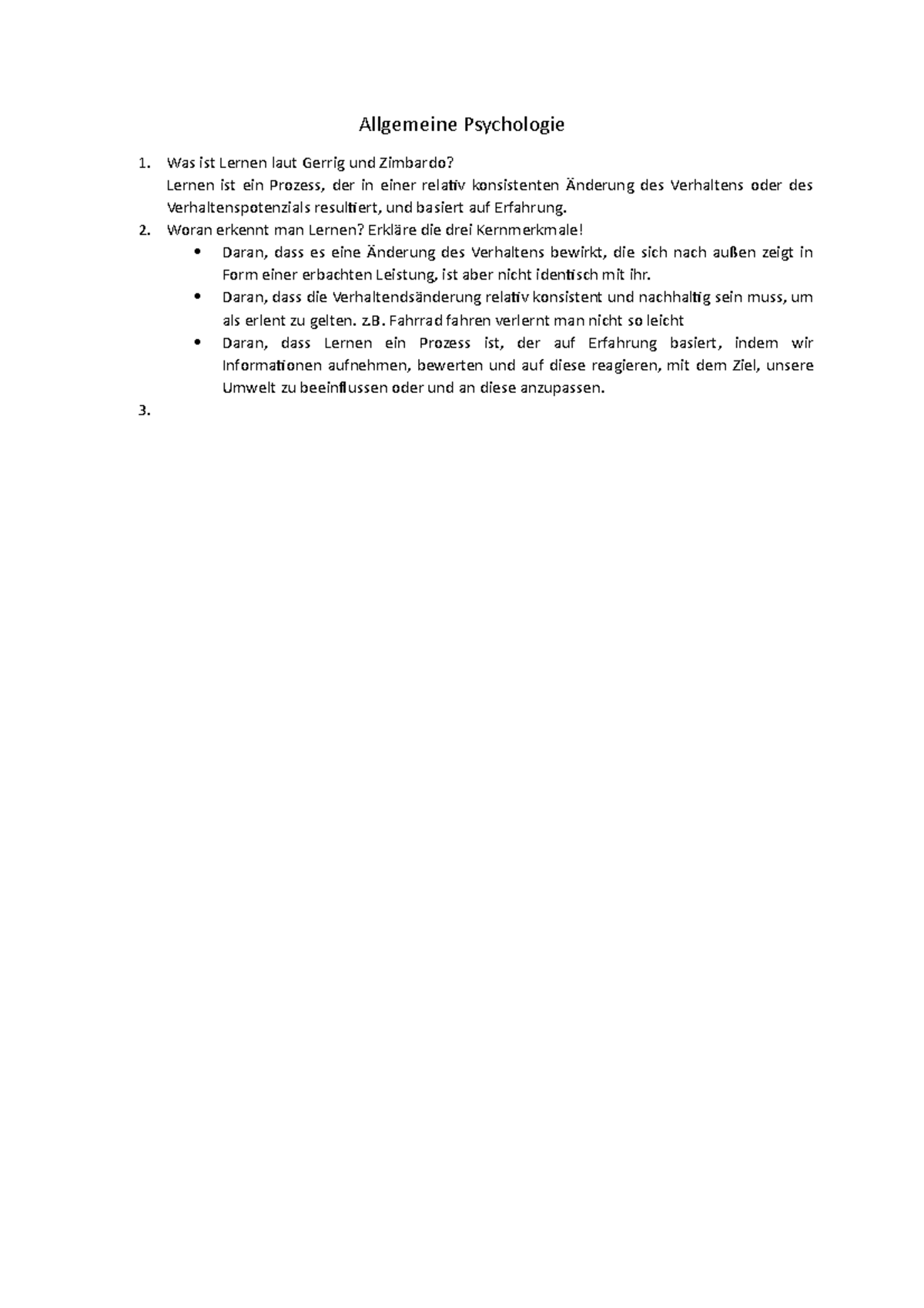 Allgemeine psychologie - Allgemeine Psychologie Was ist Lernen laut Gerrig und Zimbardo? Lernen ...