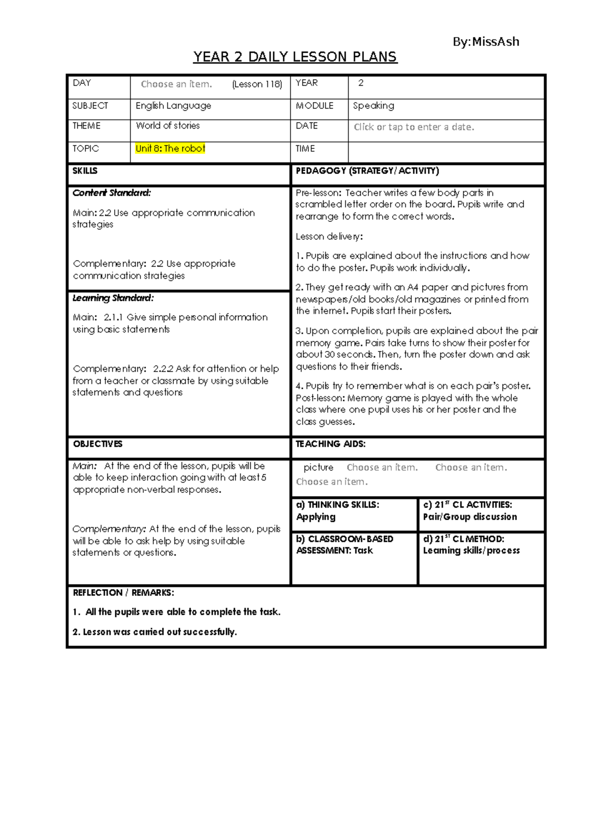 Y2 E L118 - L125 (U8) - lesson plan - YEAR 2 DAILY LESSON PLANS DAY ...