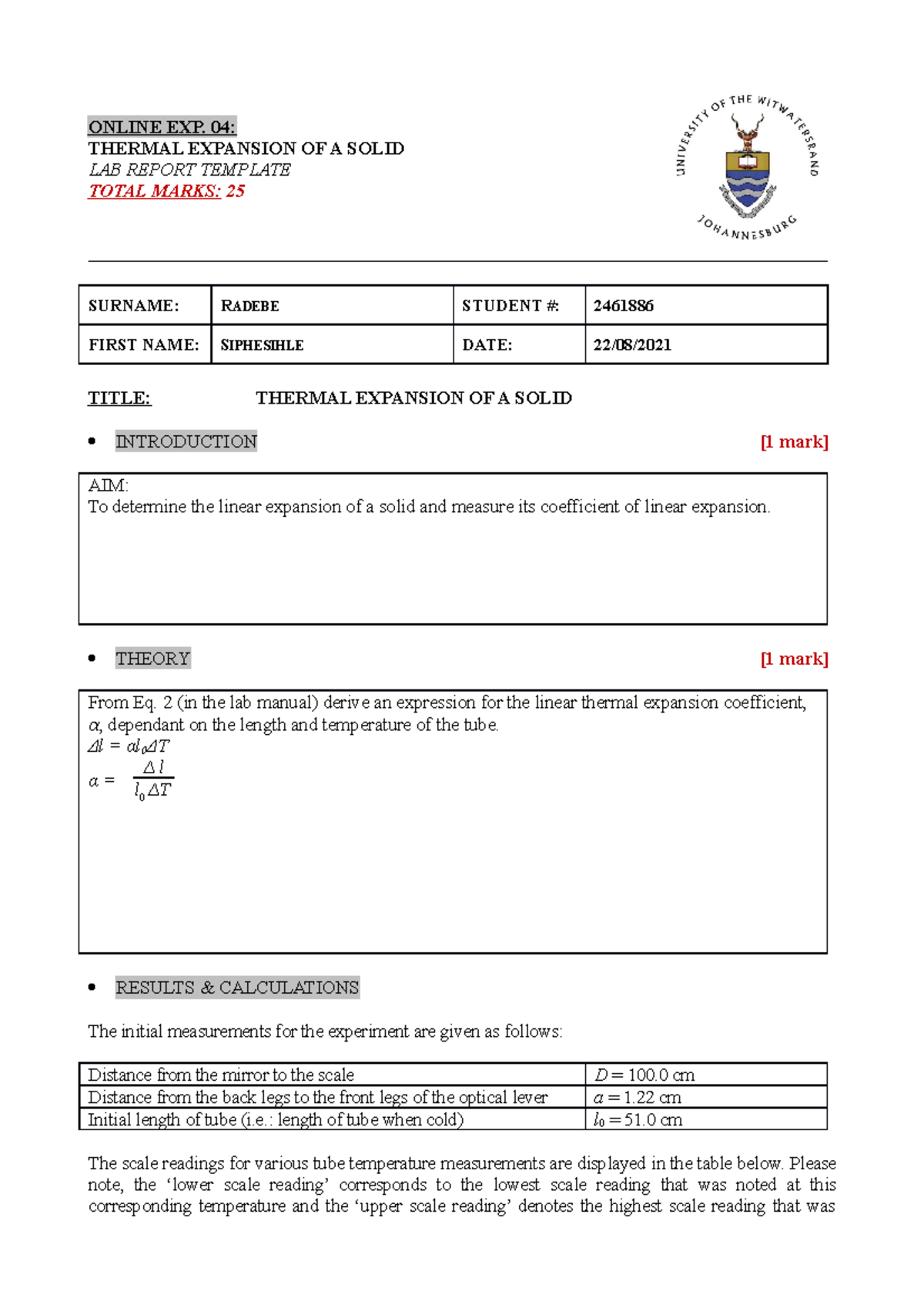Online Exp04 - Thermal Expansion of a Solid - Lab Report - ONLINE EXP ...