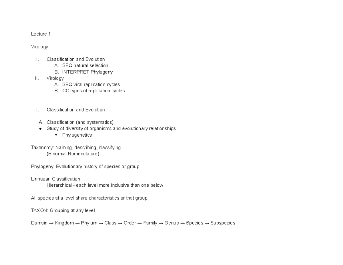 Virology Lecture - Lecture 1 Virology I. Classification and Evolution A ...