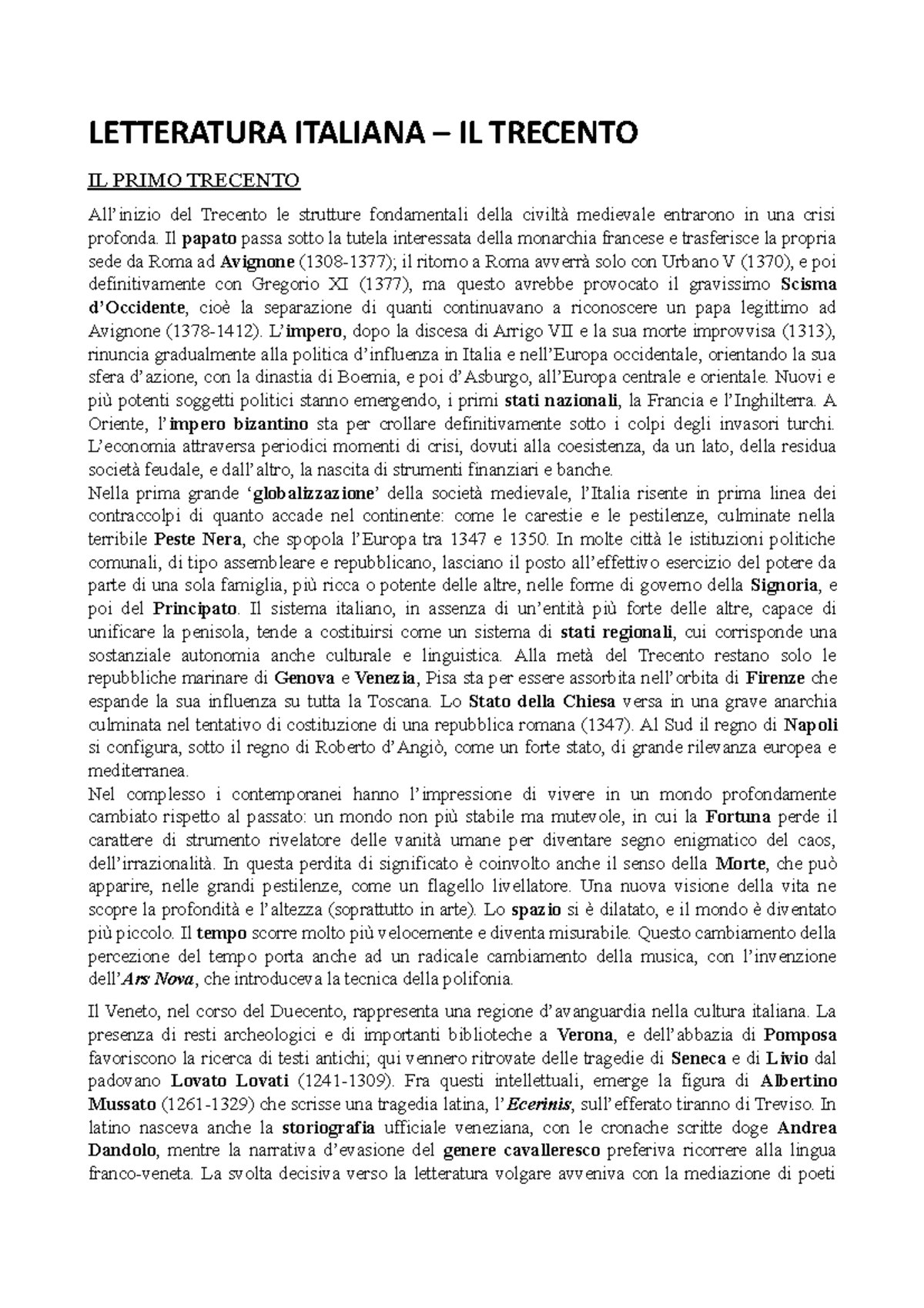 Letteratura Italiana-IL Trecento - LETTERATURA ITALIANA – IL TRECENTO ...