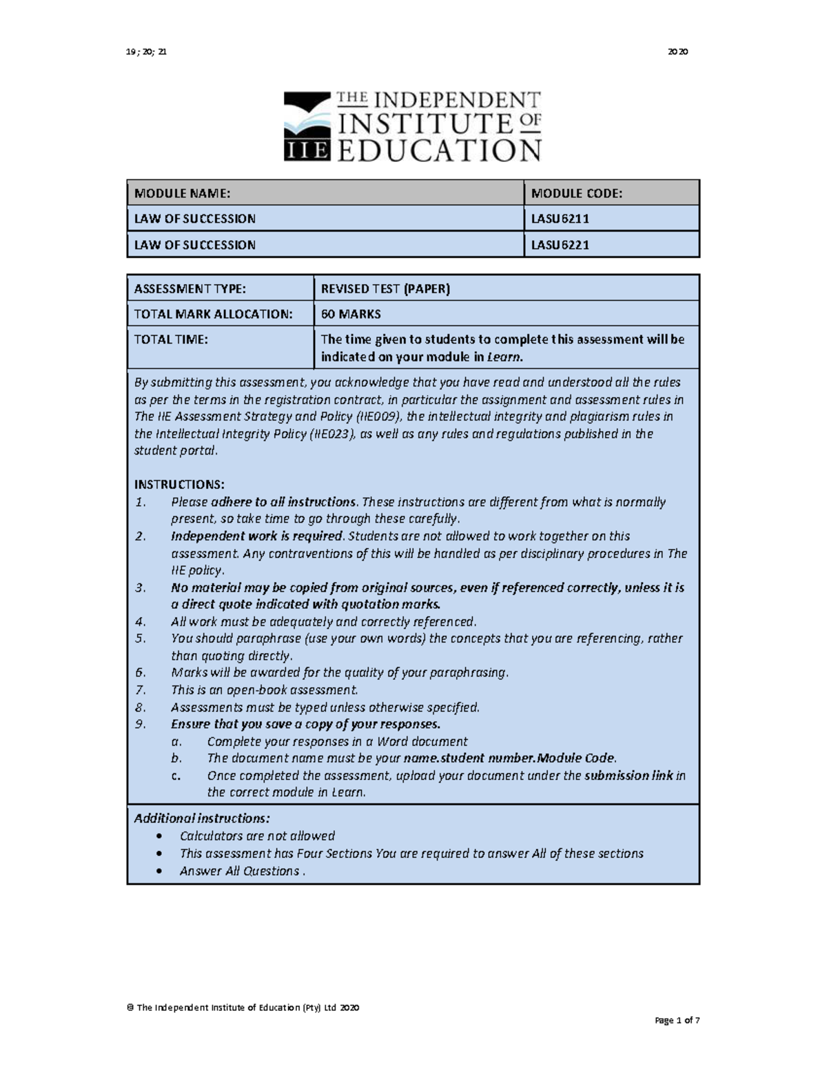 LASU6211T2a C19 - FINAL EXAM examples do not know where the memorandum ...