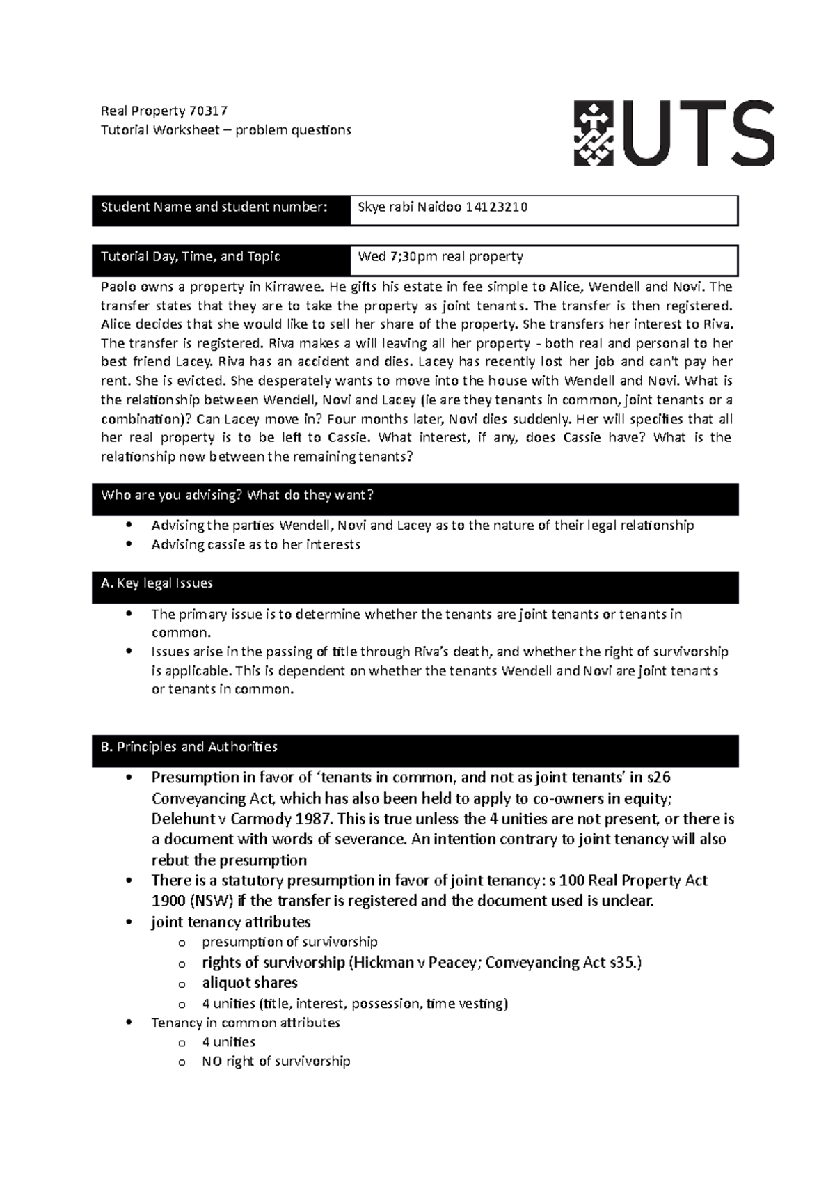Tutorial Pre-Preparation Worksheet 4 - Real Property 70317 Tutorial ...