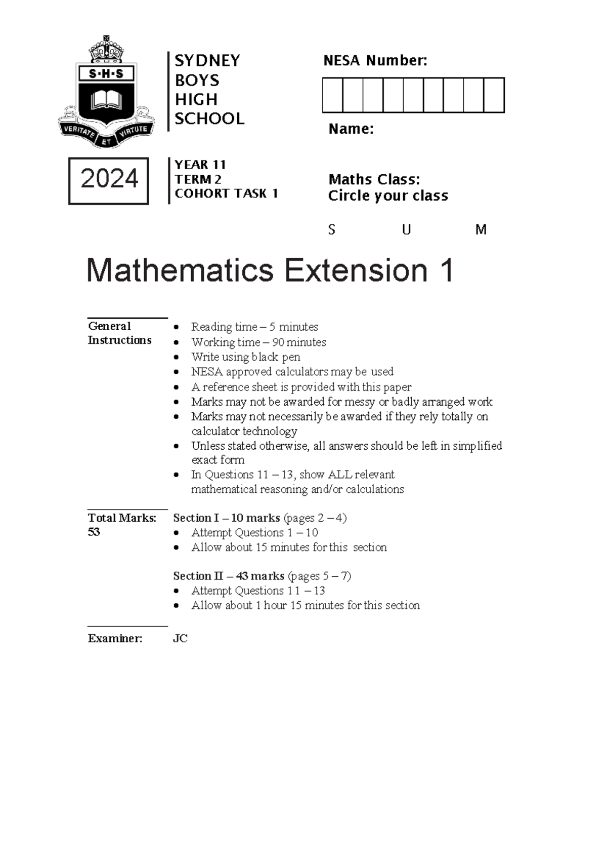 SBHS 2024 Y11 ME 1 Cohort Task 1 - SYDNEY BOYS HIGH SCHOOL ####### YEAR ...