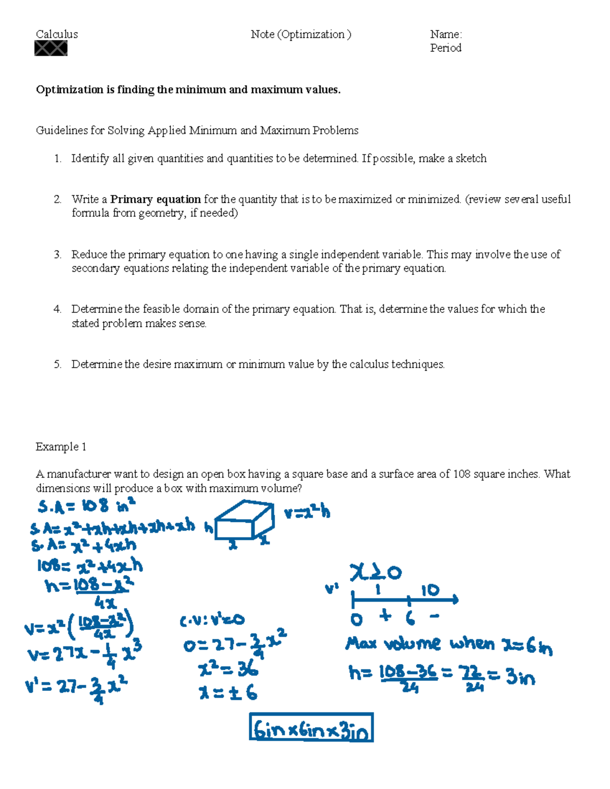 Note (Optimization ) copy - Calculus Note (Optimization ) Name: Period ...