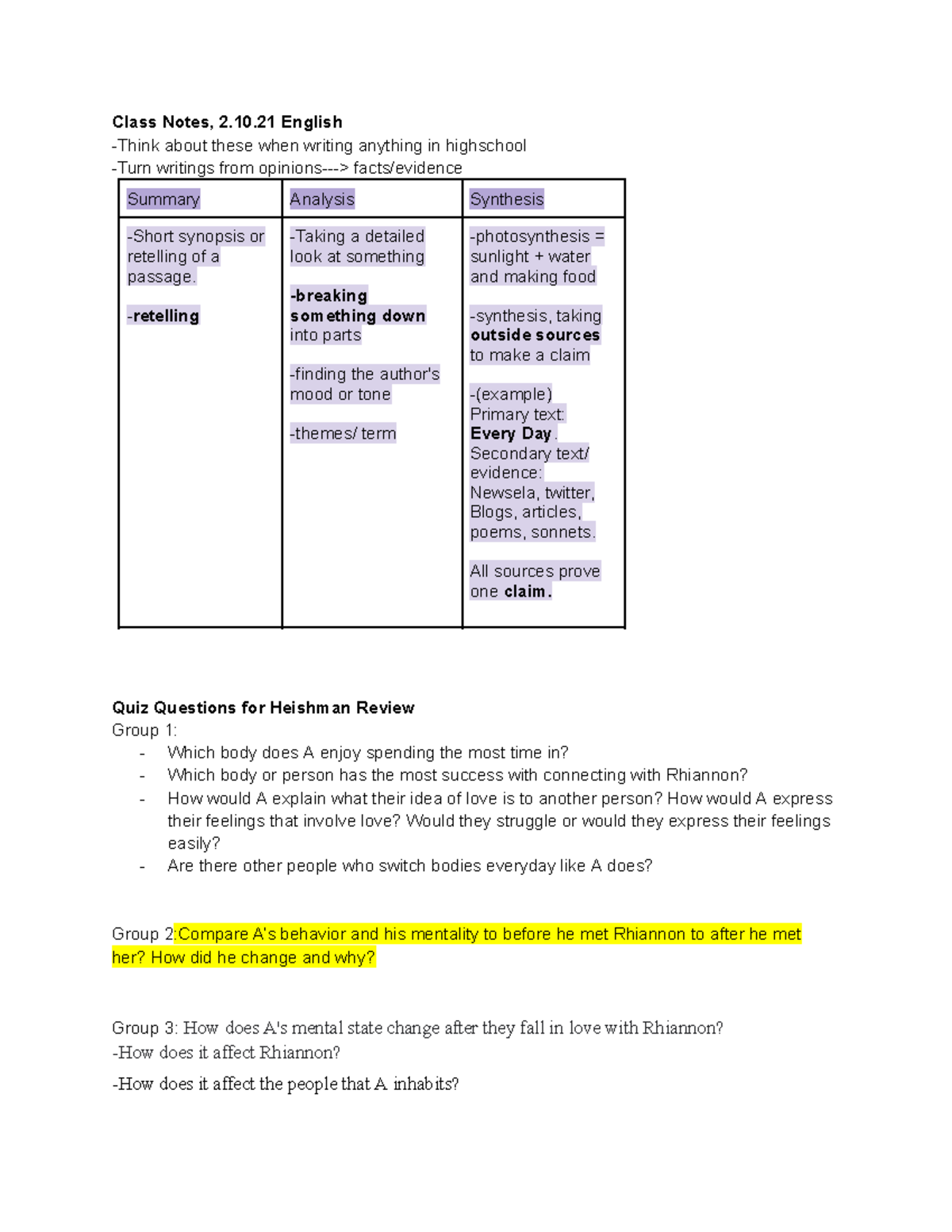 Class Notes, 2.10.21 English - Class Notes, 2.10 English -Think about ...