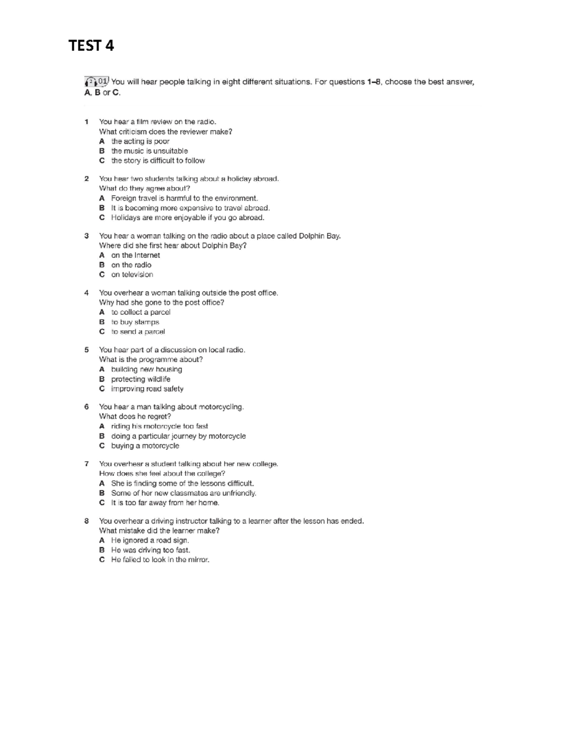TEST 4 - practice materials - Listening - Speaking 1 - Studocu