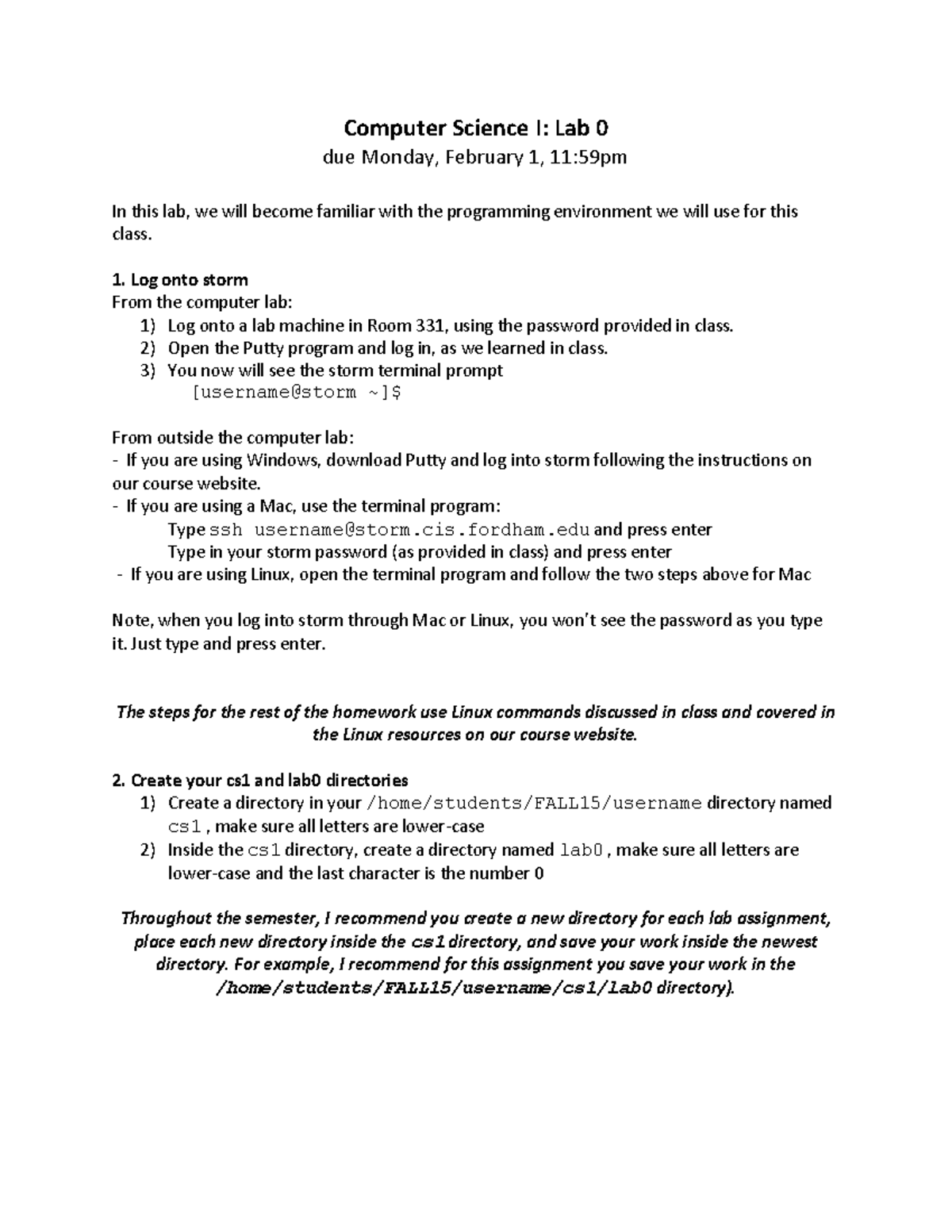 Lab 0 - project - Computer Science I: Lab 0 due Monday, February 1, 11 ...