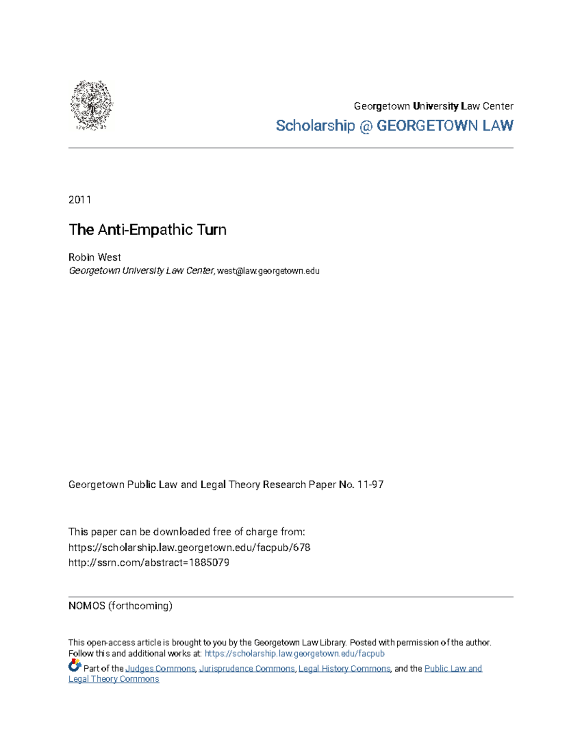 West Robin The Anti-Empathic Turn - Georgetown University Law Center ...