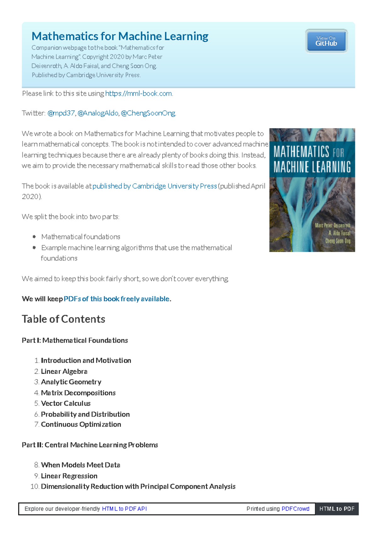 Mml Book Github Io 수업 자료 1 Mathematics For Machine Learningmathematics For Machine Learning