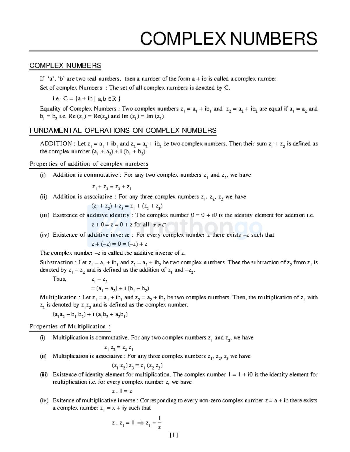 Complex Numbers Formula Sheet For 11th Or 12th Grade COMPLEX NUMBERS
