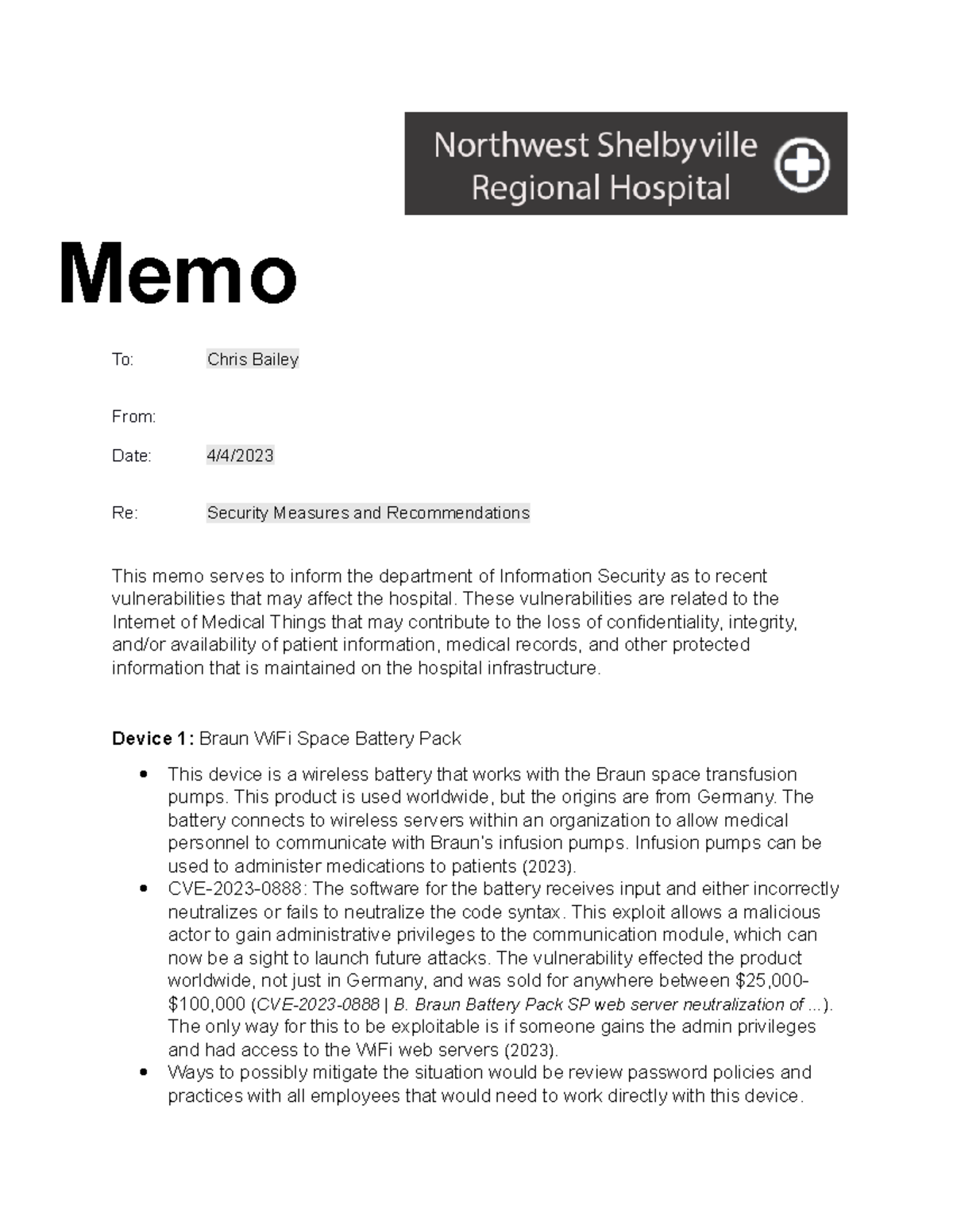 Vulnerability Memo VRodriguez - Memo To: Chris Bailey From: Date: 4/4 ...