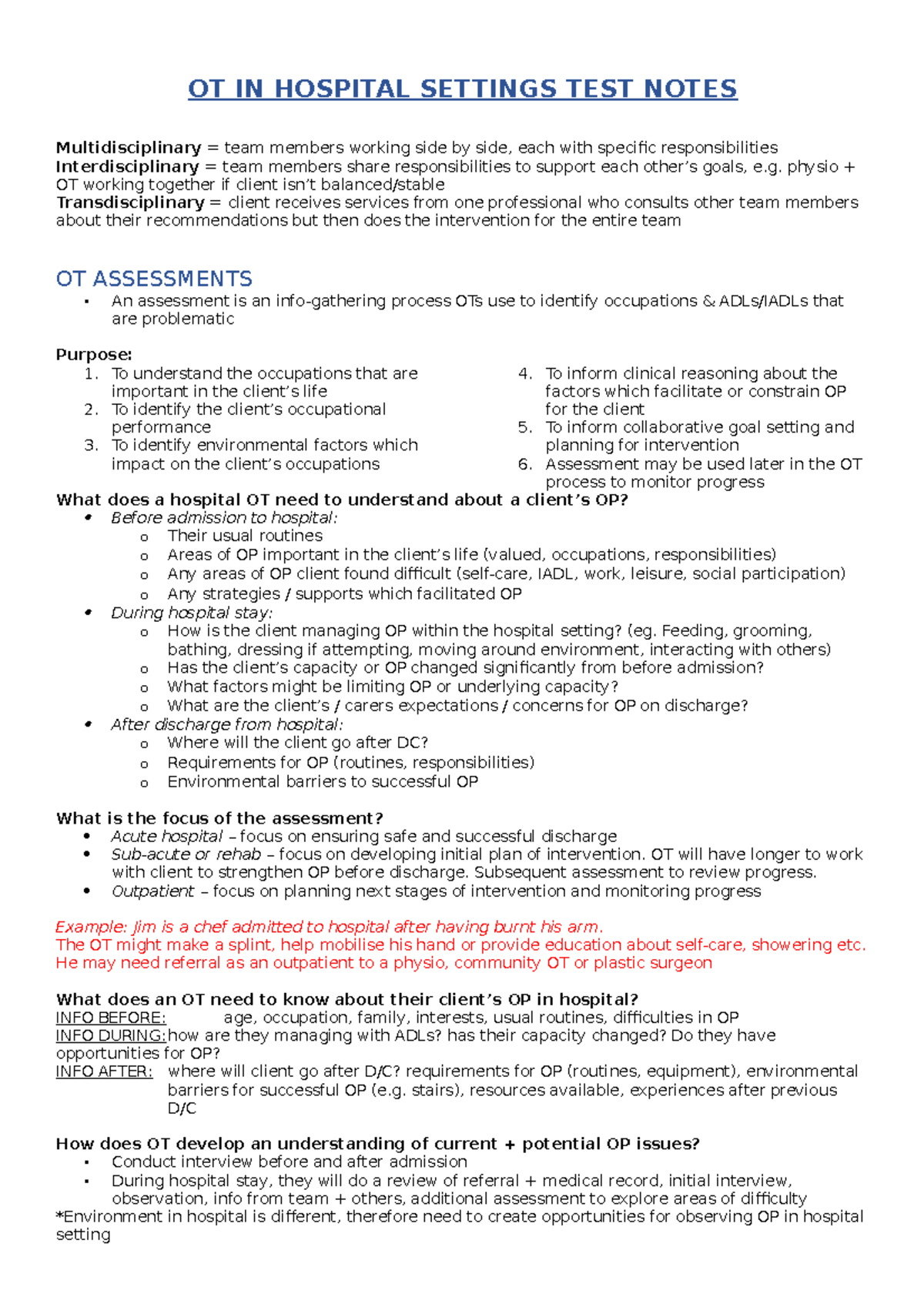 OT in Hospital Settings Test Notes - OT IN HOSPITAL SETTINGS TEST NOTES ...