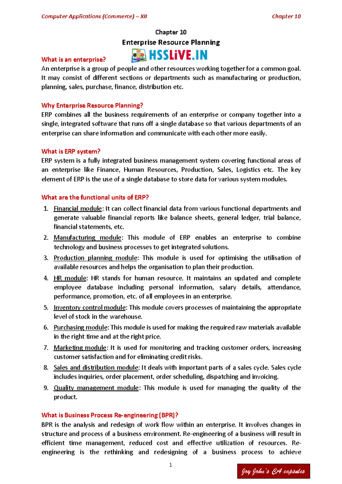 Hsslive-XII-CA-Chapt-10-Enterprise Resource Planning - 1 Chapter 10 Enterprise Resource Planning ...