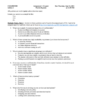 Pre-Lab 1 - Crypto - LAB - InfoSec 1 Worth 40 points at 11:59 PM All questions are worth 1 point ...