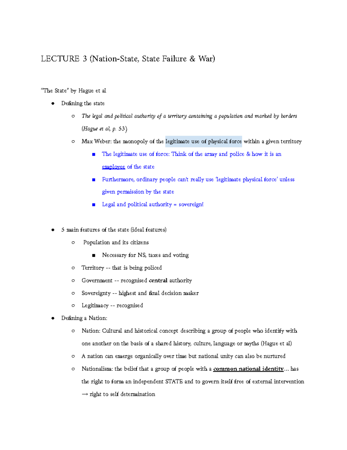 PS1101E Finals - notes - LECTURE 3 Nation-State, State Failure & War ...