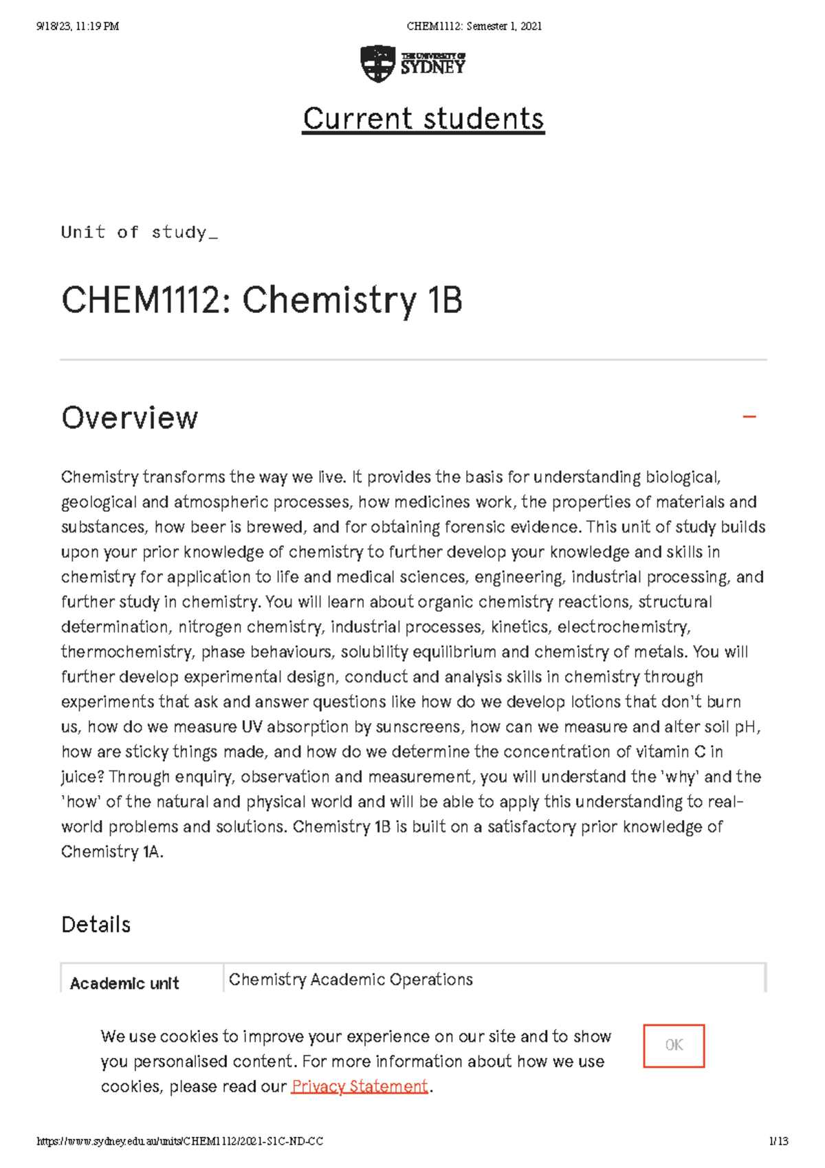 Chem1112 - course outline - Unit of study_ CHEM1112: Chemistry 1B Chemistry transforms the way ...