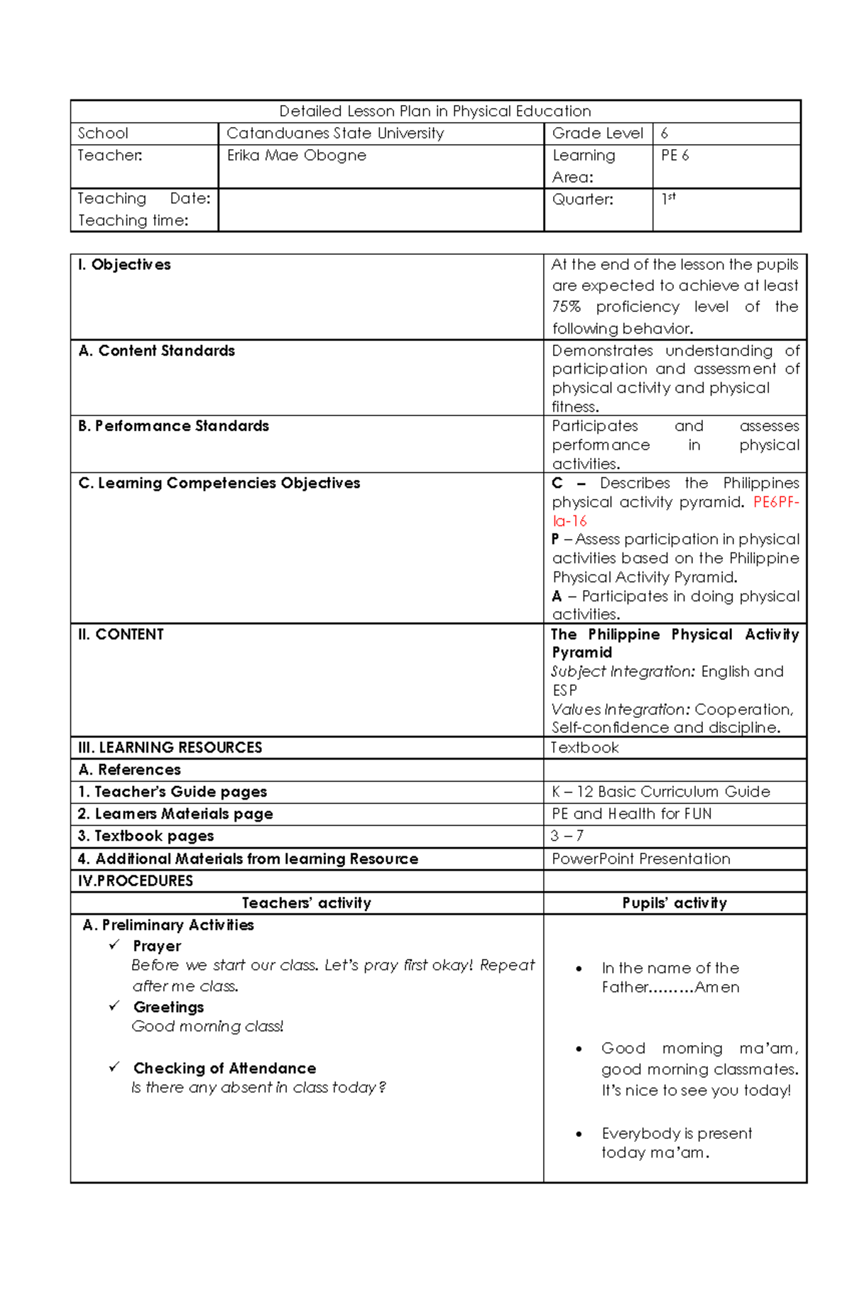 Detailed Lesson Plan In Physical Education Eirka Detailed Lesson