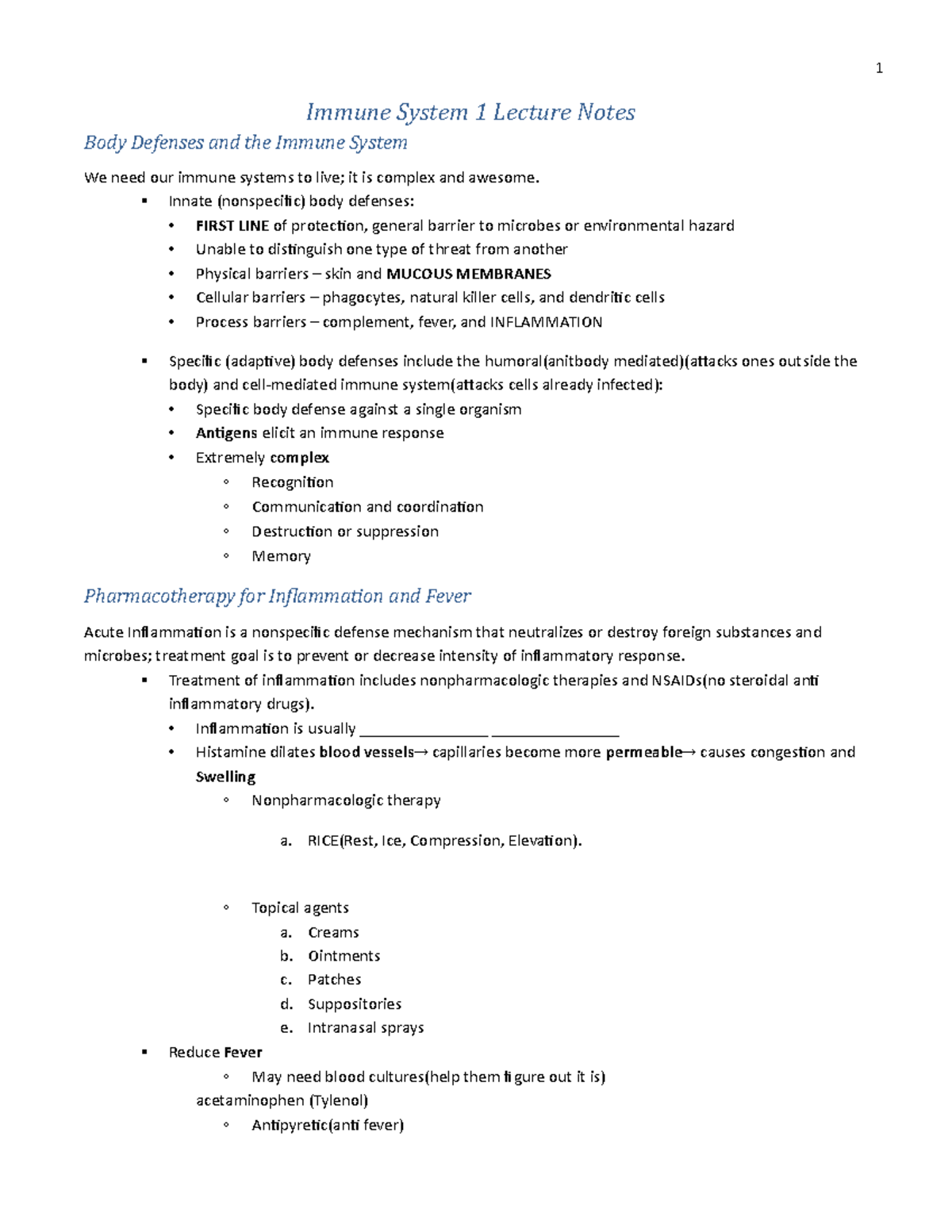 Immunity I Lecture Notes Immune System 1 Lecture Notes Body Defenses