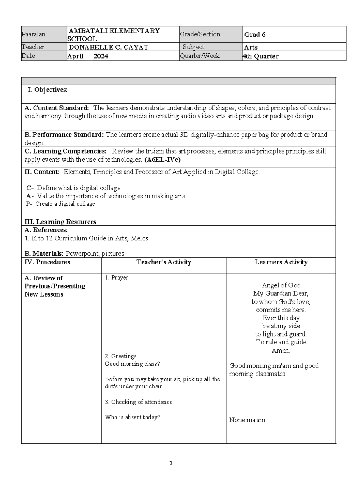ART6Collage - Paaralan AMBATALI ELEMENTARY SCHOOL Grade/Section Grad 6 ...