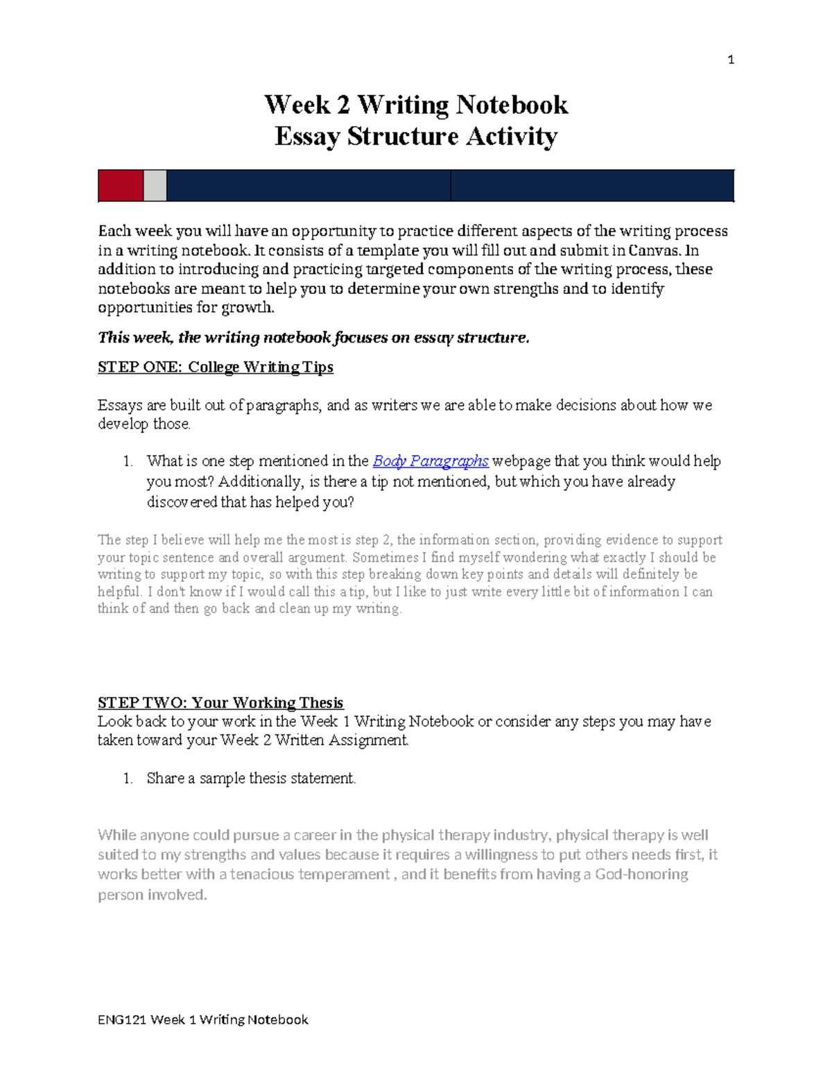 Week 2 Writing Notebook Template - 1 Week 2 Writing Notebook Essay ...