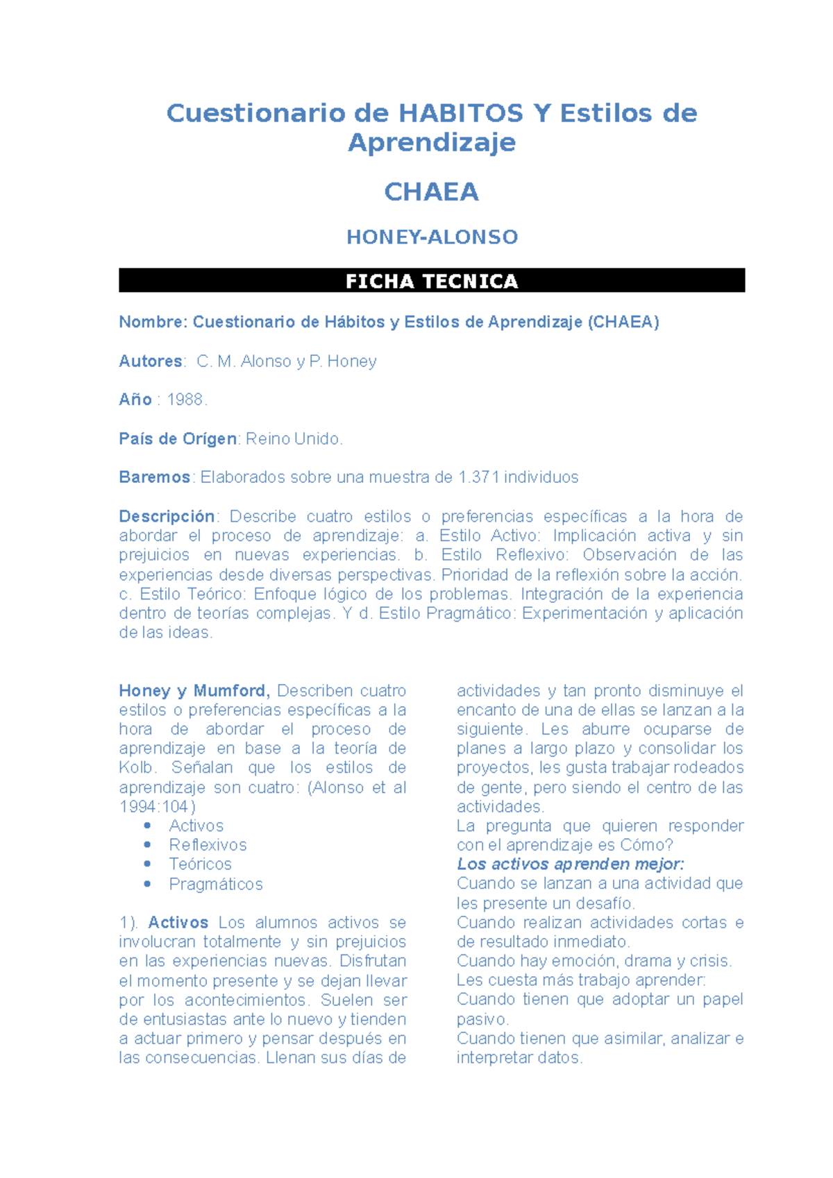 Manual - Cuestionario de HABITOS Y Estilos de Aprendizaje CHAEA HONEY ...
