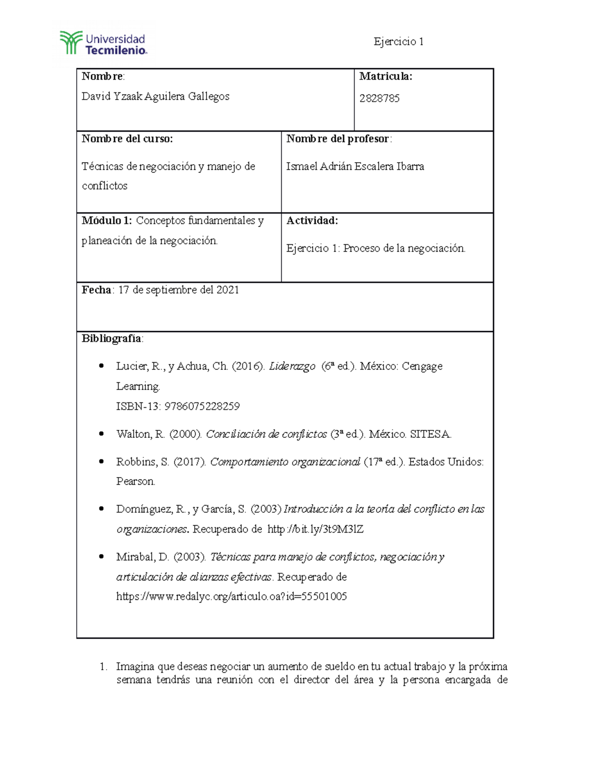 Ejercicio 1 Tecnicas De Negociacion Y Manejo De Conflictos Ejercicio