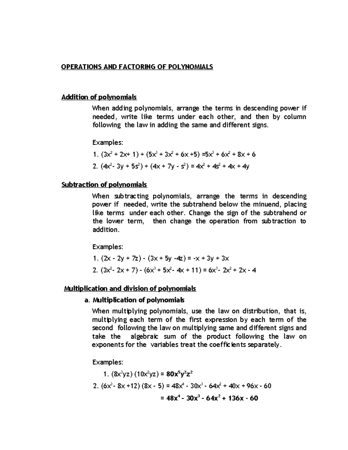 Operations AND Factoring OF Polynomials - OPERATIONS AND FACTORING OF ...