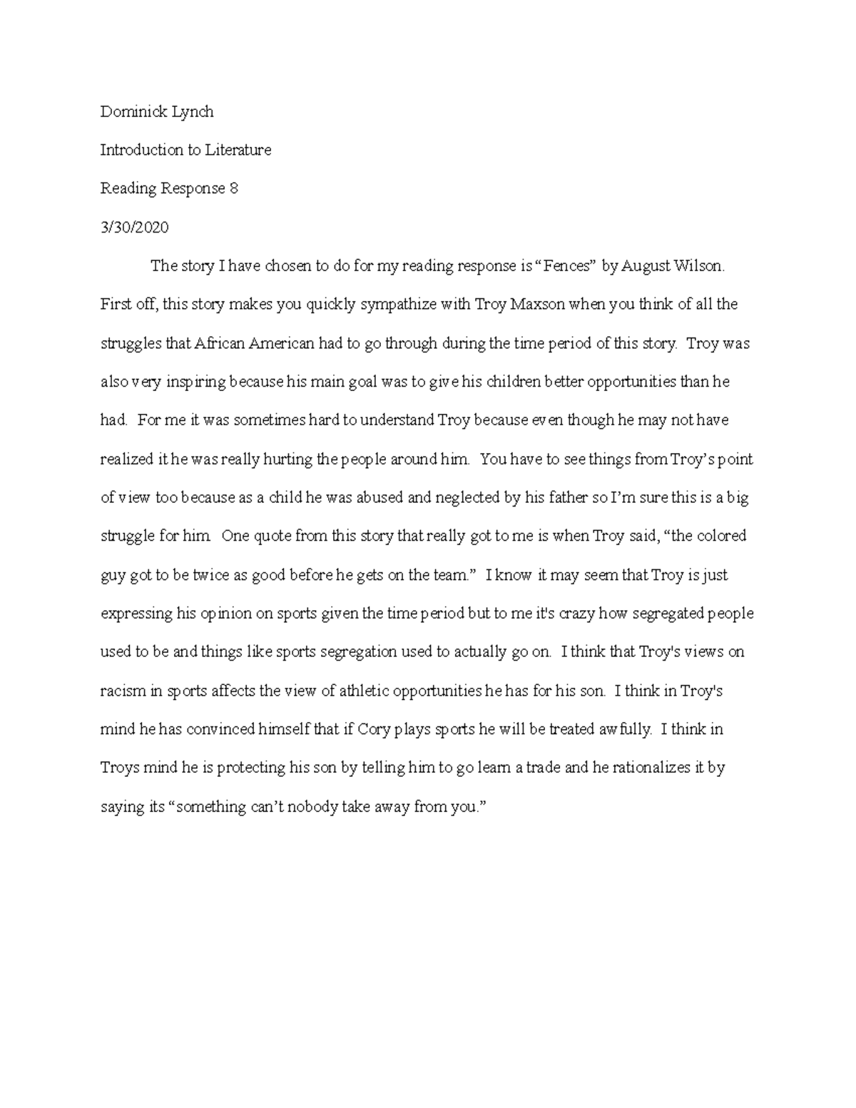 Intro to lit fences response - Dominick Lynch Introduction to ...