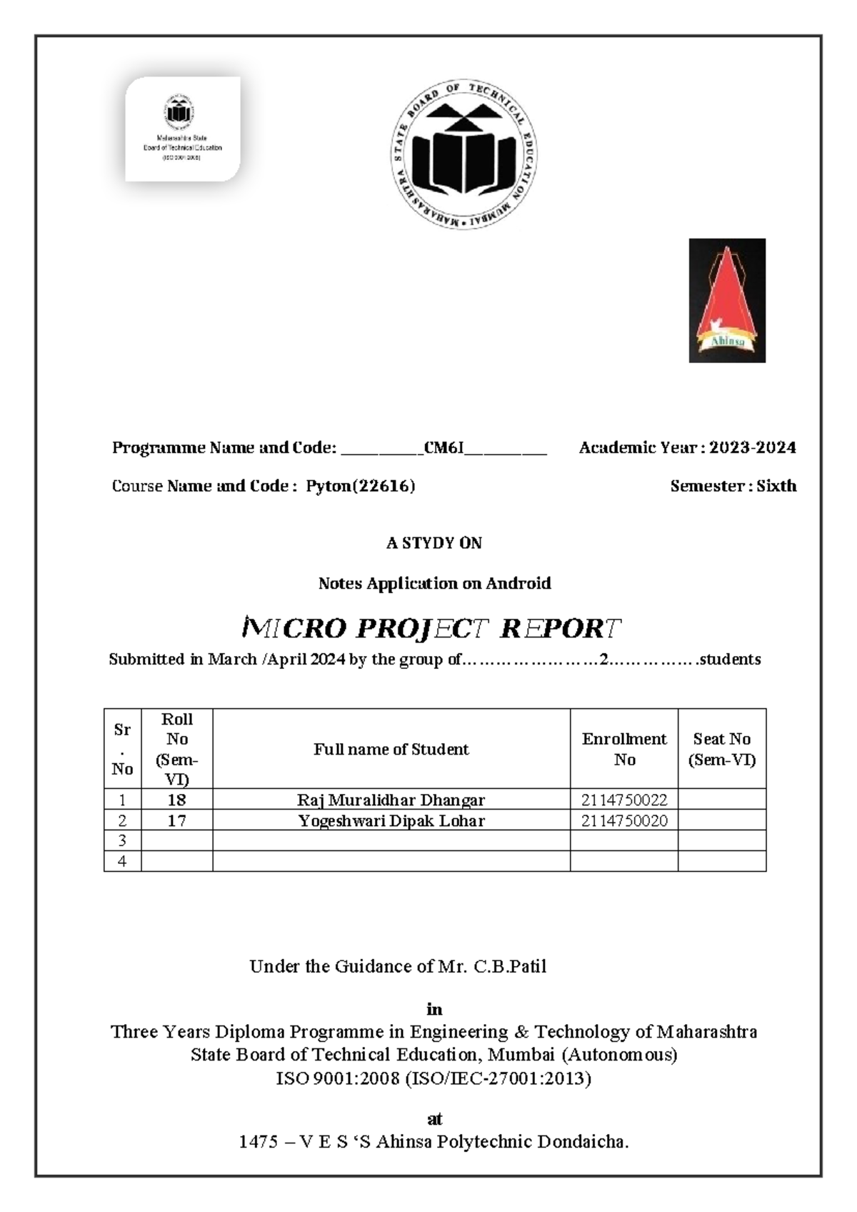 Mad - Programme Name and Code: CM6I Academic Year : 2023- Course Name and Code : Pyton(22616 ...
