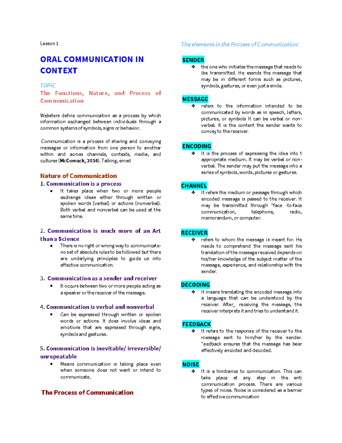 ORAL-COM- Reviewer - Lesson 1 ORAL COMMUNICATION IN CONTEXT TOPIC The ...