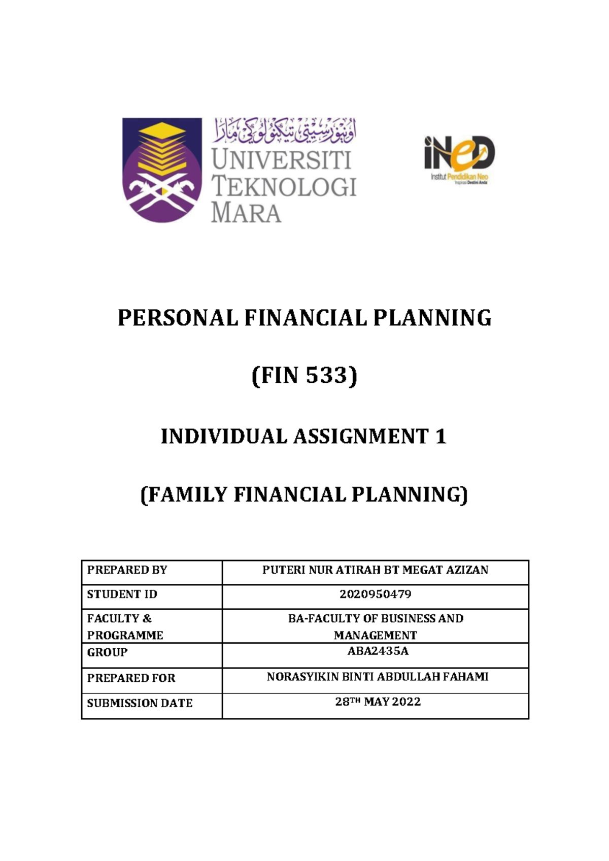 FIN533- Puteri NUR Atirah BT Megat Azizan 2020950479 - PERSONAL ...