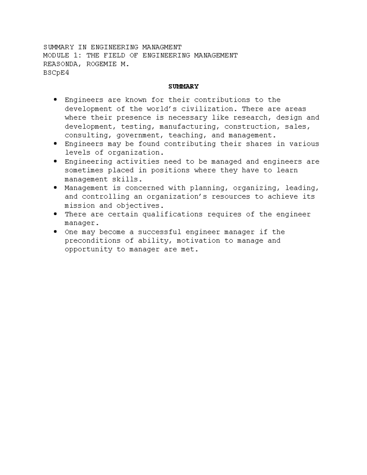 Summary in Engineering Management Chapter 1 - SUMMARY IN ENGINEERING ...