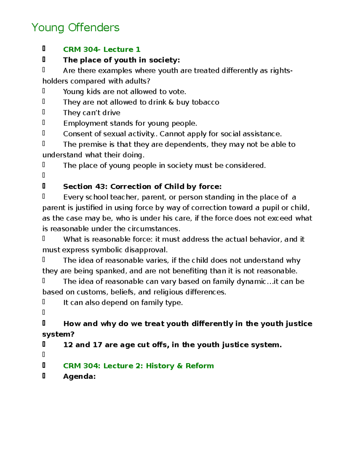 Youth Justice in Canada - Lecture notes - CRM 304 - Young Offenders CRM ...