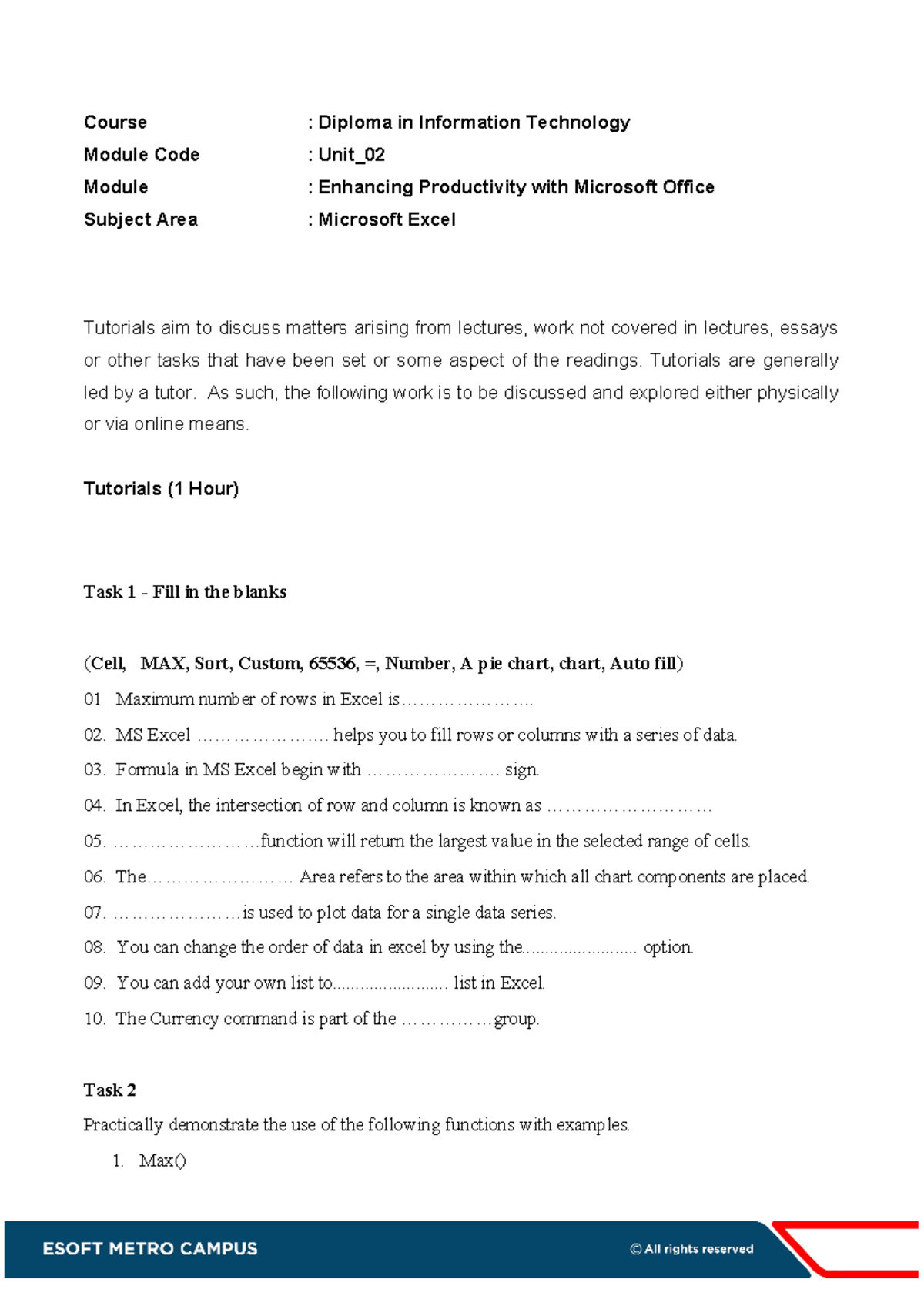 Tutorial 2 - Tutoring Microsoft Office packages - Page 1 Course ...
