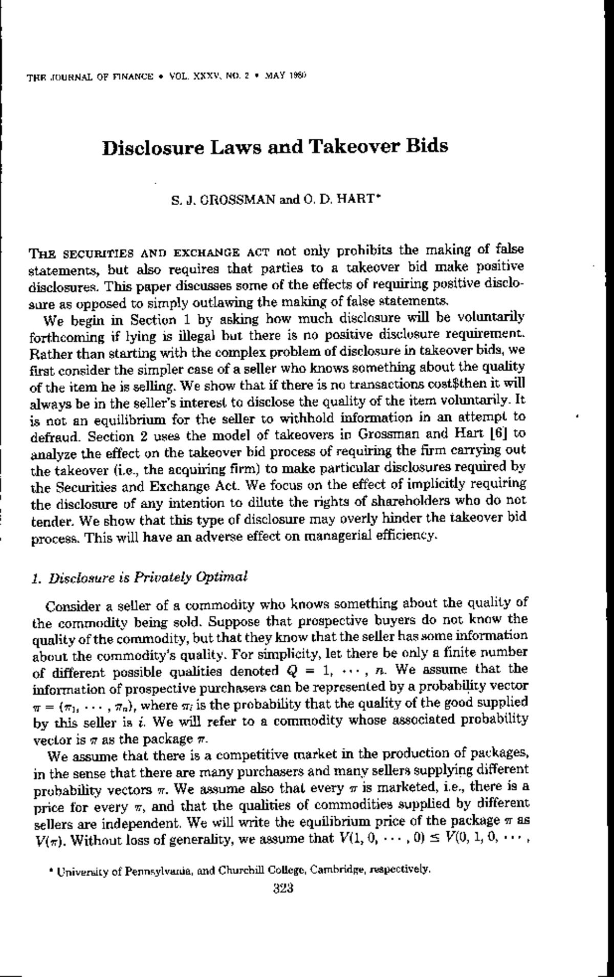 Grossman Hart fin paper - THE JOURNAL OF FINANCE • VOL. XXXV, NO. 2 ...