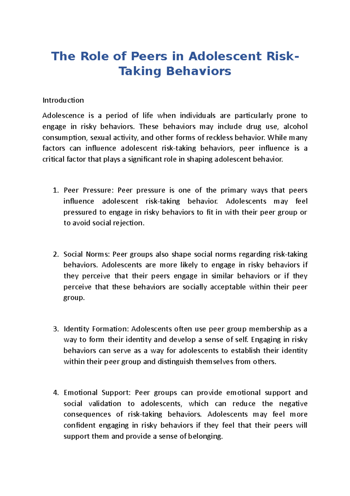 The Role of Peers in Adolescent Risk-Taking Behaviors - The Role of ...