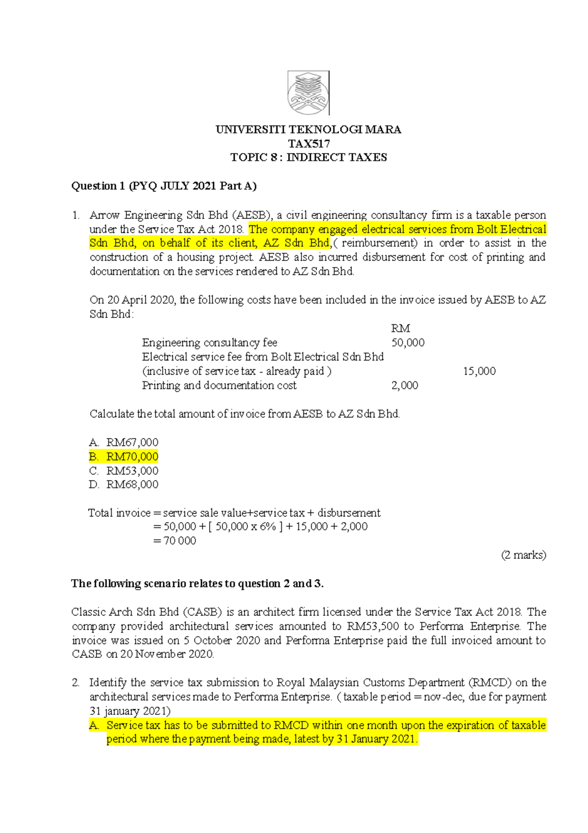 Tutorial Indirect Taxes - UNIVERSITI TEKNOLOGI MARA TAX TOPIC 8 ...