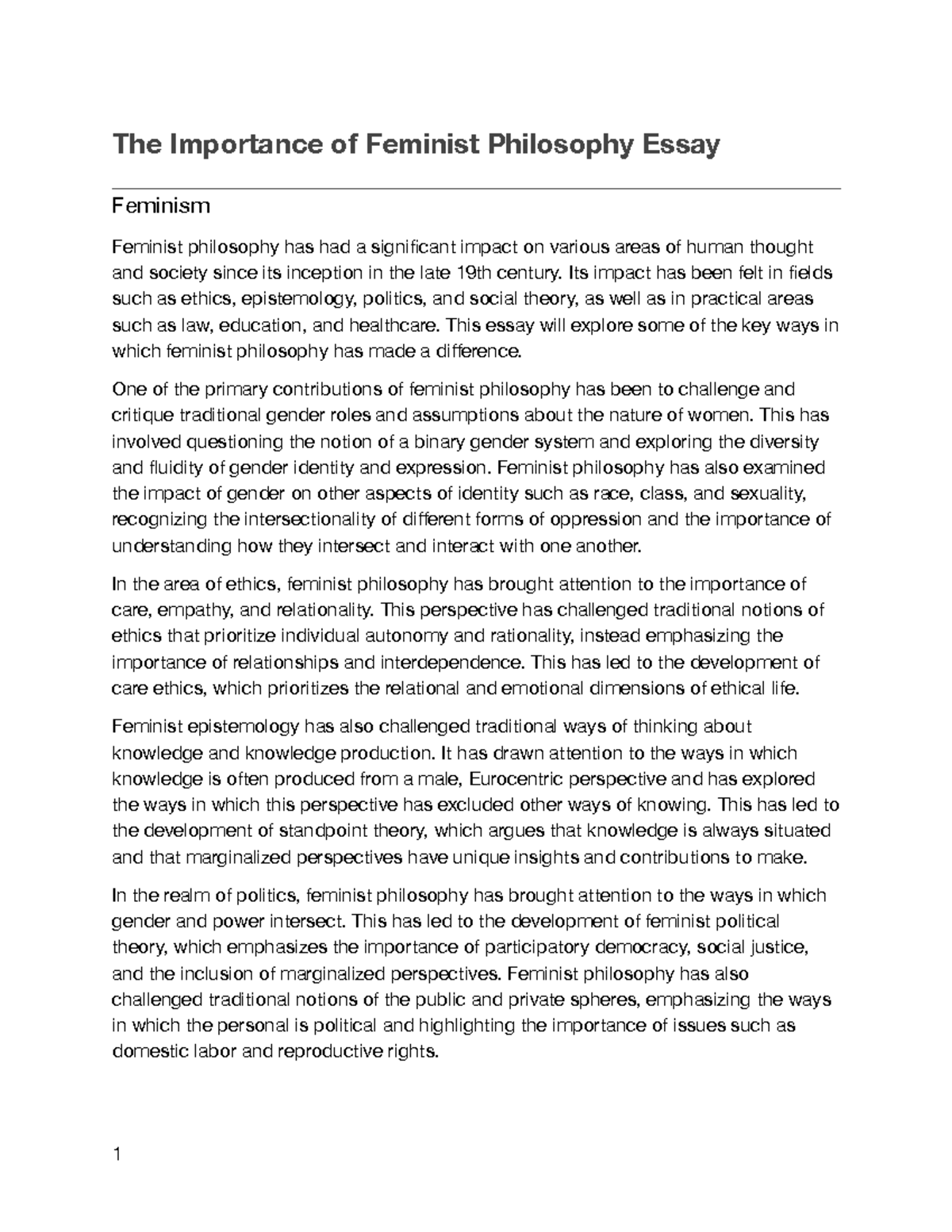 The Importance of Feminist Philosophy Essay - The Importance of ...