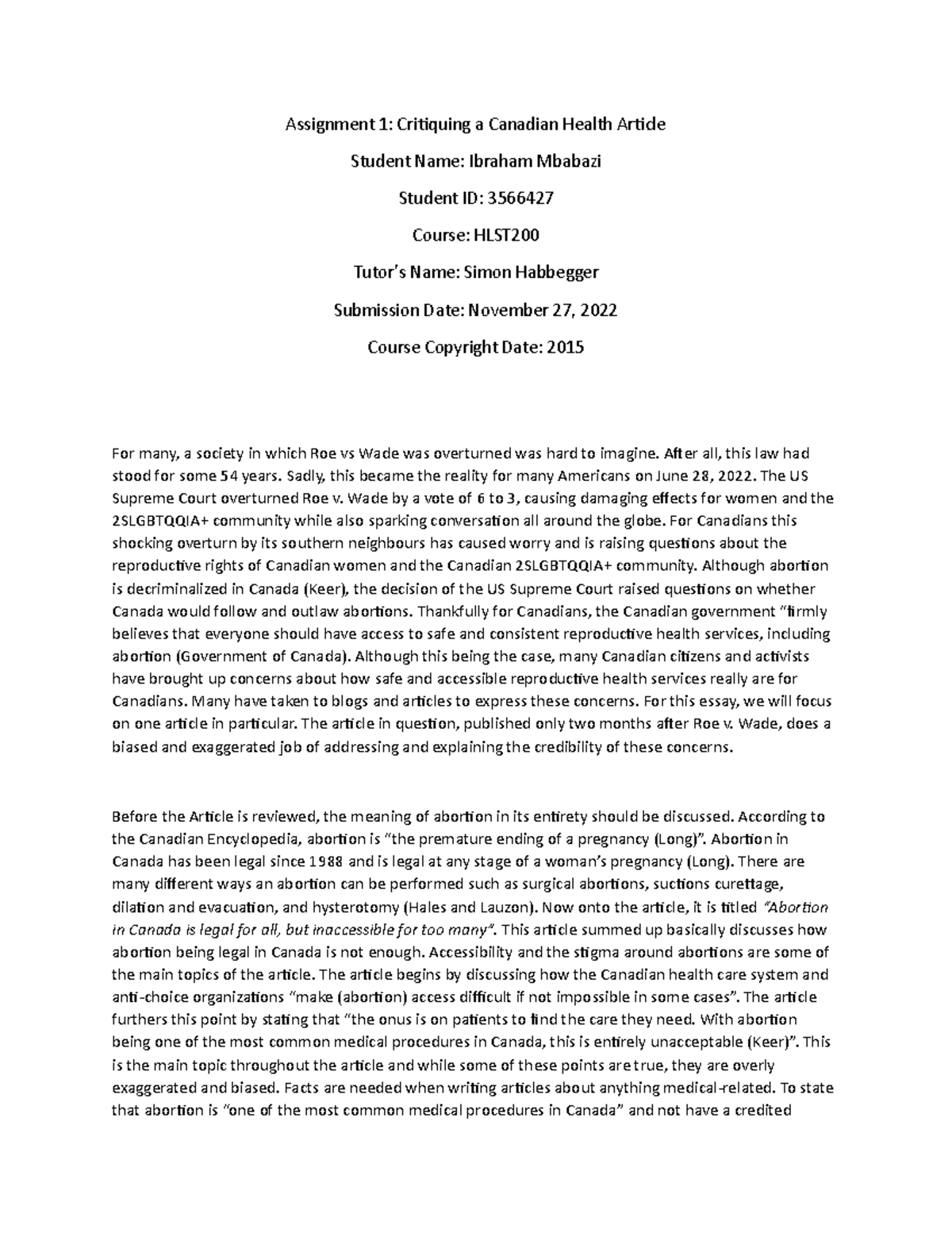 Assignment 1 health - Assignment 1: Critiquing a Canadian Health ...