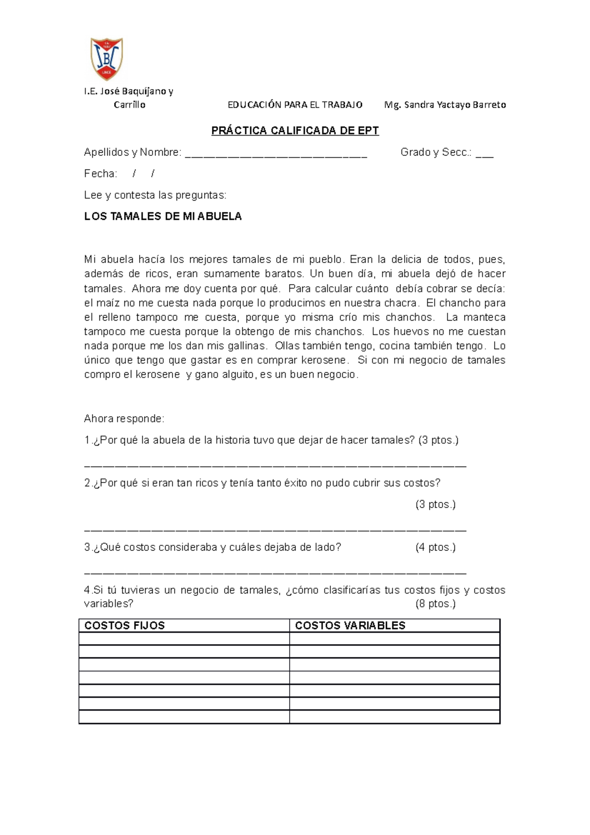 Práctica Calificada DE EPT costos y lean canvas - I. José Baquíjano y Carrillo EDUCACIÓN PARA EL ...